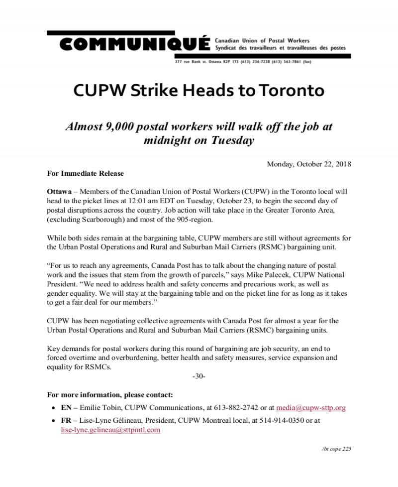 CUPW Strike Heads to Toronto | CUPW RoyalCity 740