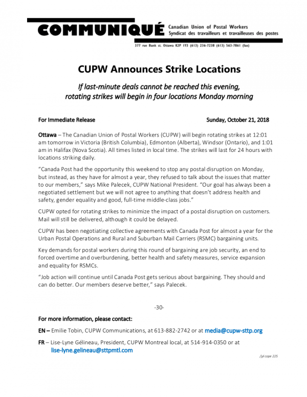 CUPW Announces Strike Locations | CUPW RoyalCity 740