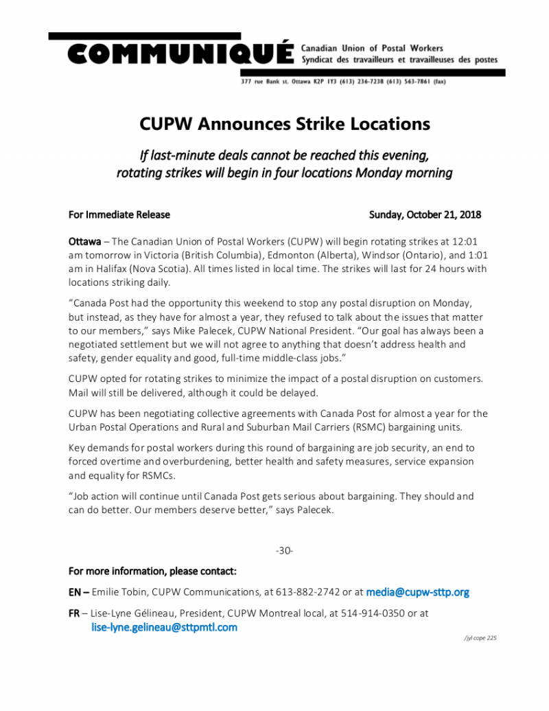 CUPW Announces Strike Locations | CUPW RoyalCity 740