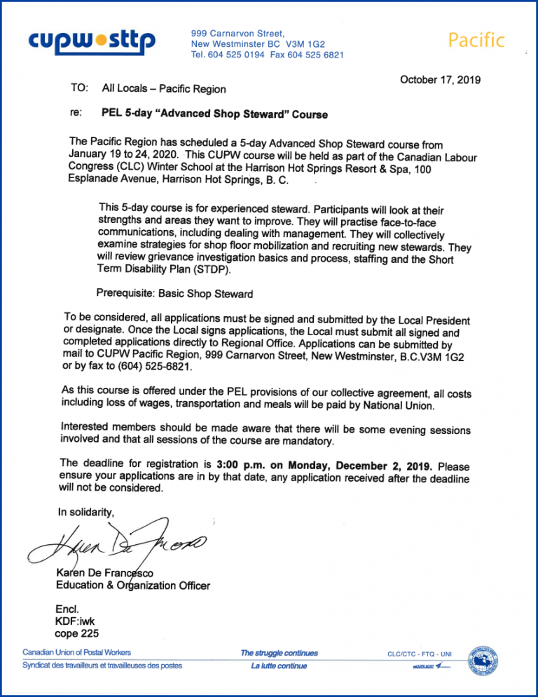 5 Day P.E.L. – Advanced Shop Stewards Course | CUPW RoyalCity 740