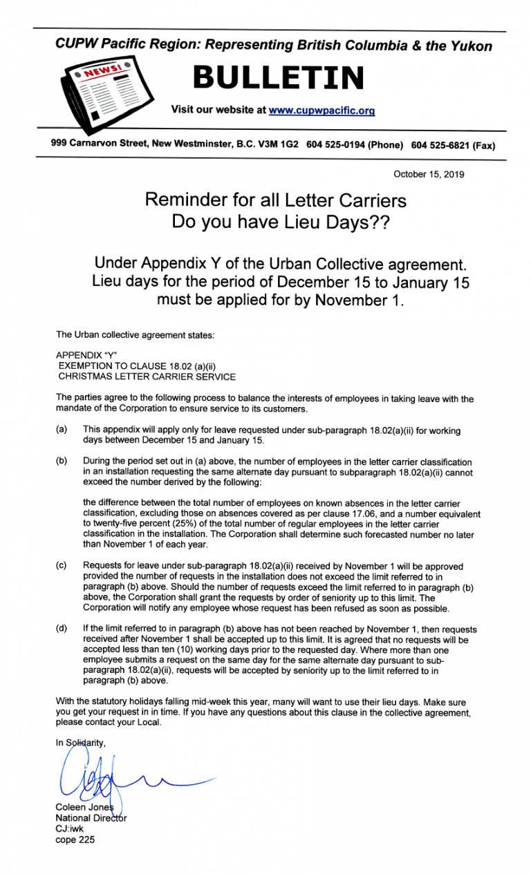 Attention: All Urban Letter Carriers. Do You Have Lieu Days Owing ...