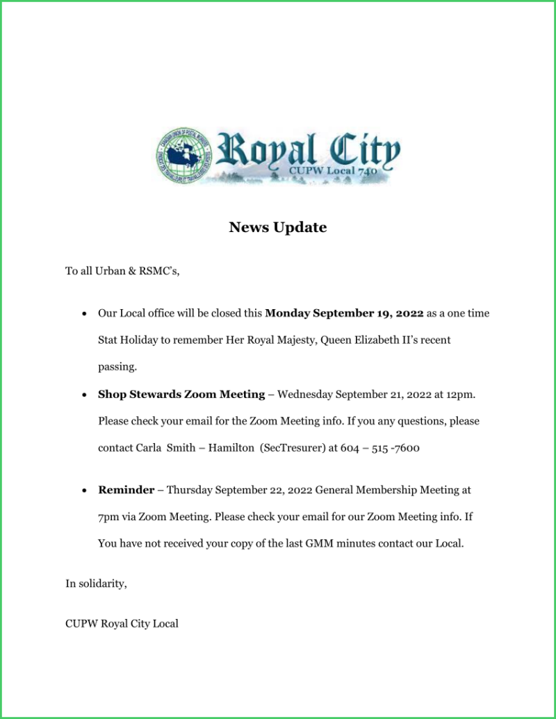 CUPW Royal City Local News Update | CUPW RoyalCity 740