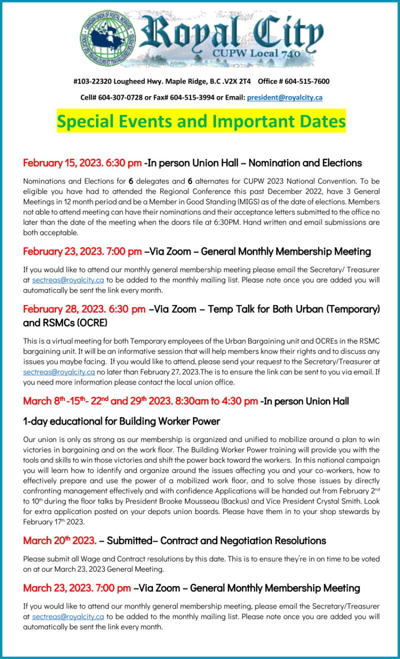 Special Events and Important Dates | CUPW RoyalCity 740